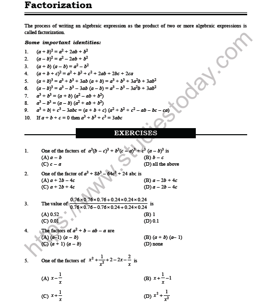 CBSE Class 8 Mathematics Factorisation MCQs Multiple Choice Questions